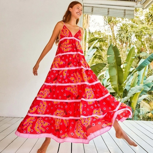 FARM Rio | Dresses | Farm Rio Red Tiki Bananas Maxi Tiered Tropical ...